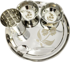 bartan hub Pack of 5 Steel Dinner set of 5 ( 1 Plate , 1 Glass , 2 ...