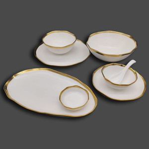 shreedah Pack of 30 Ceramic Dinner Set (White With Golden Border Wavy ...