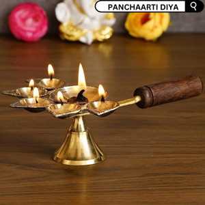 DARIDRA BHANJAN Traditional Pure Brass panchmukhi Aarti Diya for puja ...