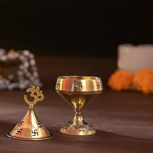 EliteTouch Brass Jali Akhand Jyoti Deep with Stand, Cover & Om Diya Oil ...