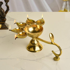 StyleMyWay Pure Brass Premium Panch Aarti Diya with Handle (L x B x H ...