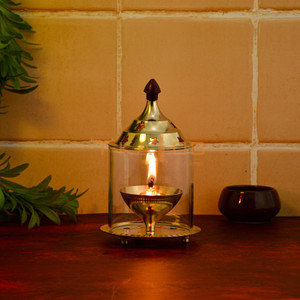 T-KA108 Extra Large Akhand Diya Decorative Brass & Cylinderical Glass ...
