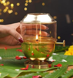 HolyGanga Brass Akhand Diya/Deep for Puja with Adjustable Bati, Screw ...