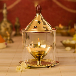 GOLDFINCH Brass and Glass akhand deep Diya with Cover for Puja | Deepam ...