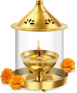 TREO Shubham Brass Diya with Borosilicate Glass Cover, Large Brass ...