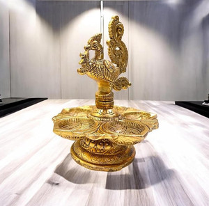 Shri Ji Collection Creatives Brass Peacock Diya, 5-Wick Iron Table Diya ...