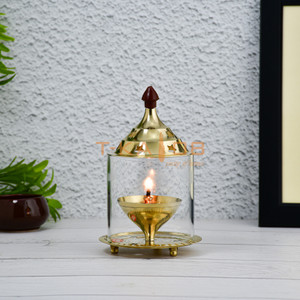 T-KA108 6.1 Inch Akhand Diya Decorative Brass & Cylinderical Glass Diya ...