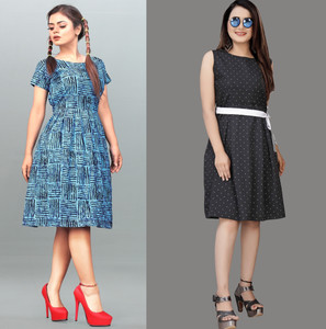 maruti fab Women Fit and Flare Blue, Black, White Dress - Buy maruti ...