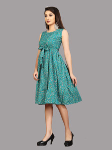 maruti fab Women Fit and Flare Light Blue Knee Length Dress - Buy ...