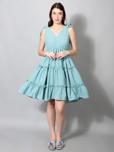 eyka Women Fit and Flare Light Blue Above Knee/Mid Thigh Length Dress ...
