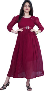 Ala Fashion Women Fit and Flare Maroon Below Knee Dress - Buy Ala ...