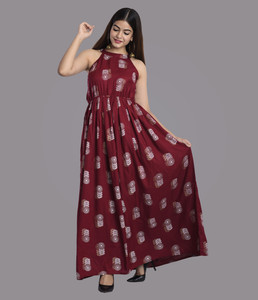 METRO-FASHION Women Maxi Maroon, White Full Length Dress - Buy METRO ...