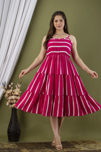 ROOP RANG APPARELS Women Fit and Flare Pink, White Below Knee Dress ...