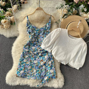 RIEKA Women A-line Blue, White Knee Length Dress - Buy RIEKA Women A ...