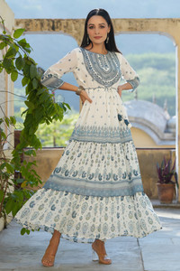 Juniper Women Fit and Flare White, Blue Maxi/Full Length Dress - Buy ...