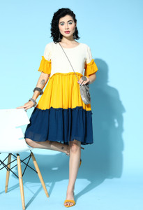 Lymi Label Women Fit and Flare Yellow, White, Dark Blue Above Knee/Mid ...