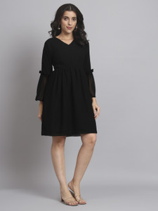 Reberry Women Fit and Flare Black Above Knee/Mid Thigh Length Dress ...