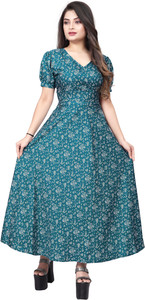 ZOPDI Women Gown Dark Blue, White Maxi/Full Length Dress - Buy ZOPDI ...