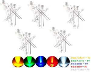 uneeds (Pack 250 )LED 5mm,3V DC,2Pin Transparent (50 Each R,B,G,Y,W ...