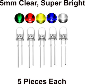 ELPH 5mm 25 Pics 5mm Cylindrical LED Red, Green, Blue, Yellow, White, 5 ...