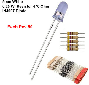 ELPH 5mm White LED, 1N4007 Diode, 470E 1/4W Resistor Each Pcs 50 ...