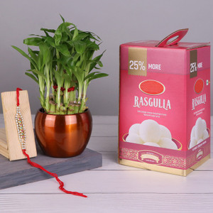 Vibrant Green Combo Of Diamond Rakhi With Two Layer Bamboo In Metal Pot ...