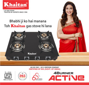 Khaitan 4 Burner Active Forged Black Toughened Glass Manual Gas Stove ...