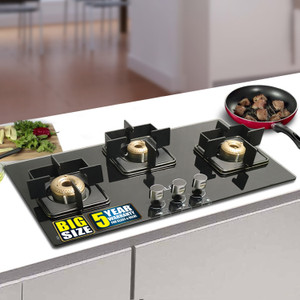 iBELL FLAME03DSB Gas Hob, 3 Burner with Toughened Glass Top, MS body ...