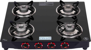 CELLO Gem 4 Burner Black Gas Cooktop,Toughened Glass, ISI Certified, 1 ...