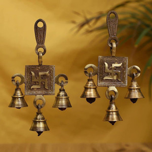 Jaszz Art Swastik Design Bell Pair | Antique Brass Hanging Bells for ...