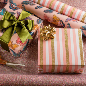 Crown Greetings Pink and Gold Glitter Lines Gift Wrapping Roll Paper 30 ...