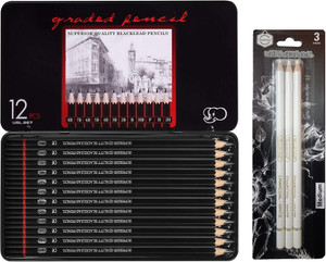 ChiggiWiggi 12 Artist Graphite Pencil for Sketching Drawing & 3 White ...