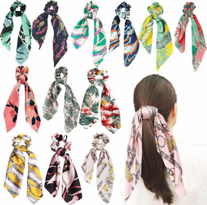 Sonpal Women Fashion Floral Print Scrunchies Solid Long Hair Ribbon For ...