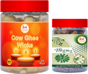 GESD Cow Ghee Diya Wicks for Pooja, Ghee Wicks 35 Pcs, Incense Cones 50 ...