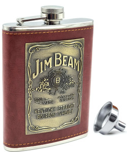 VIOVI Jim Beam Liquor Hip Flask (8oz) Genuine Leather Wrapped with ...
