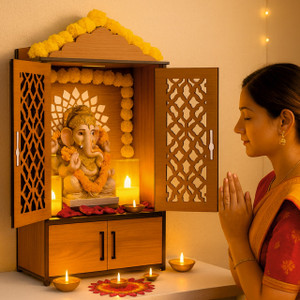 Chitraksh Premium Wooden Pooja Mandir with Doors & Storage | Engineered ...