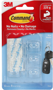 Command 3M Plastic Clear Mini Wall Hooks, Holds upto 225g, 8 Strips ...