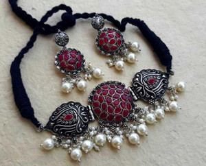 EIT Collection Oxidised Silver Silver Maroon Jewellery Set Price in ...