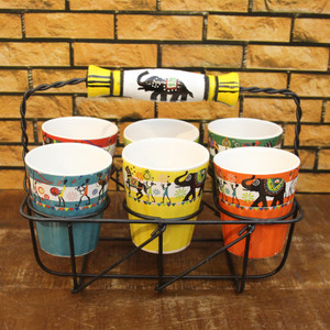 Puri Cutting Chai Cups with Stand Set of 6 (Elephant & Camels) Glass ...