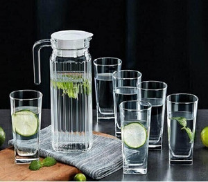 PKMSHO Water Glass Jug | Set of 7 Pcs | 1 Jug (1100 ML), 6 Glasses (260 ...