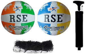 RSE TRI COLOR and YELLOW CROSS WORLD VOLLEYBALL with NYLON NET & PUMP ...