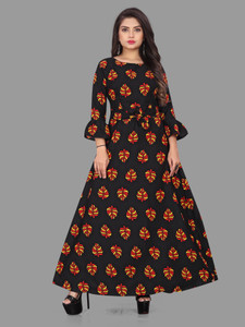 maruti fab Women Fit and Flare Black, Orange, Yellow Dress - Buy maruti ...