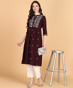 ANGITA Women Chikan Embroidery A-line Kurta - Buy ANGITA Women Chikan ...