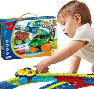 KIDOLOGY Dinosaur World Road Race Flexible Track Toy Set for Kids, Boys ...
