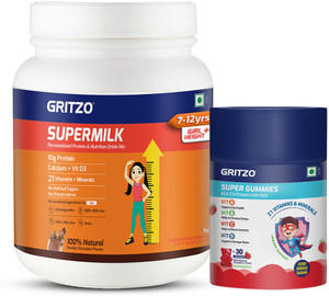 Gritzo SuperMilk Height+ (7-12y Girls), 10g Protein with Super Gummies ...