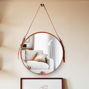 casagold Leather Round Hanging Mirror for Wall Décor with Belt -Brown ...