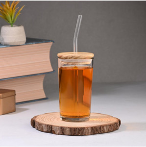1st Time Clear Glass Sipper With Airtight Wooden Lid And Straw Water ...