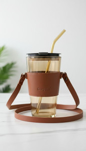 Vyapar Fancy Glass Cup with Straw 400 ml Transparent Design & Brown ...