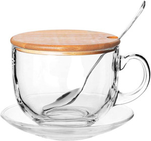 DPSHOP IT Mug with Wooden Lid, Spoon & Glass Coffee /Tea Cup for Soup ...