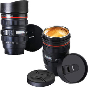 TRM Camera Lens Shape Coffee_ Stainless Steel-Insulated - 2 Lids Black ...